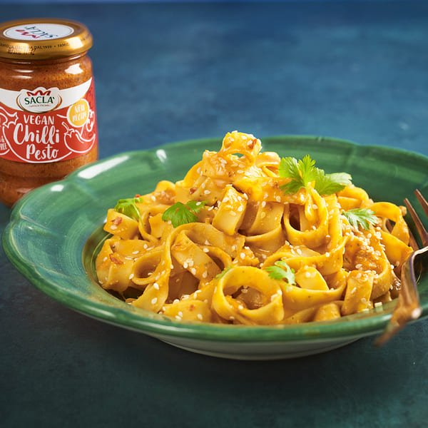 Spicy Peanut Butter Pasta with Sacla' Vegan Chilli Pesto | Recipe